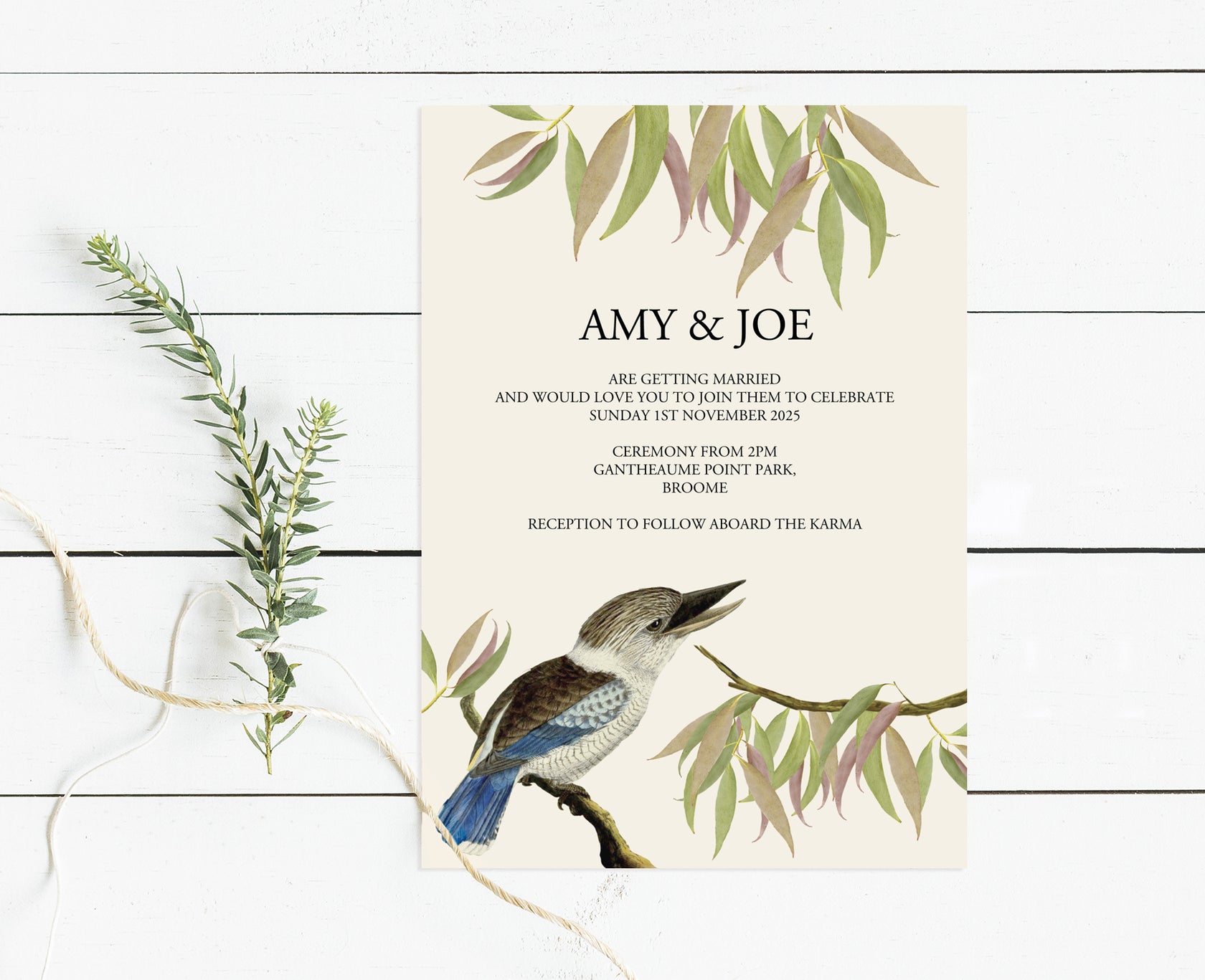 Kookaburra and gum leaf invite - INSTANT DOWNLOAD PDF – creative monsoon